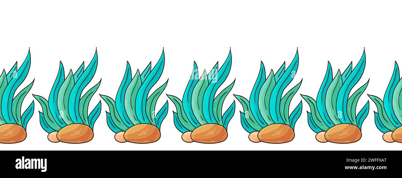 Marine seamless border. Children's fairy-tale drawing. Seaweed. Vector ...