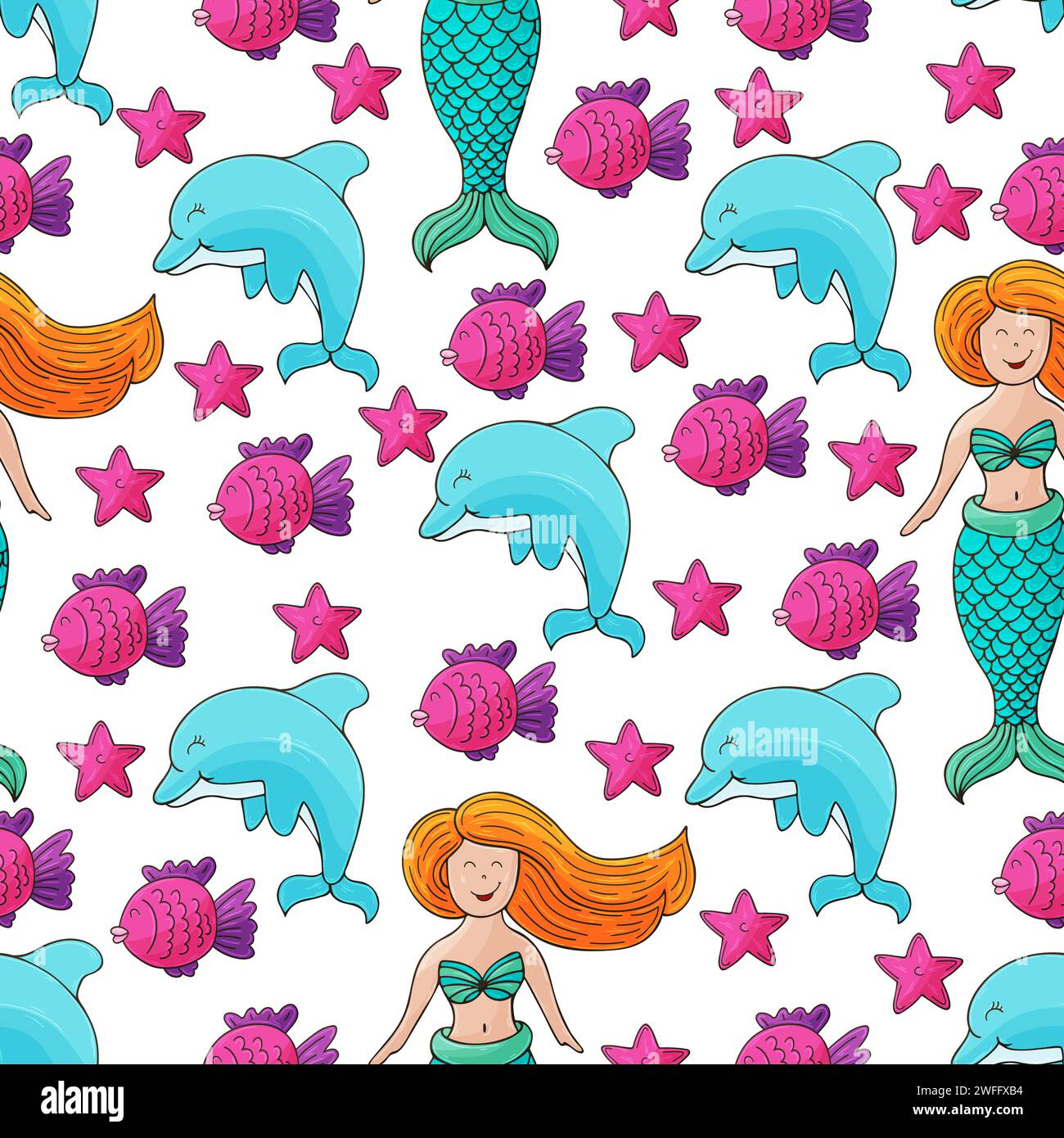 Mermaids and their friends. Creative marine seamless pattern. Pattern ...