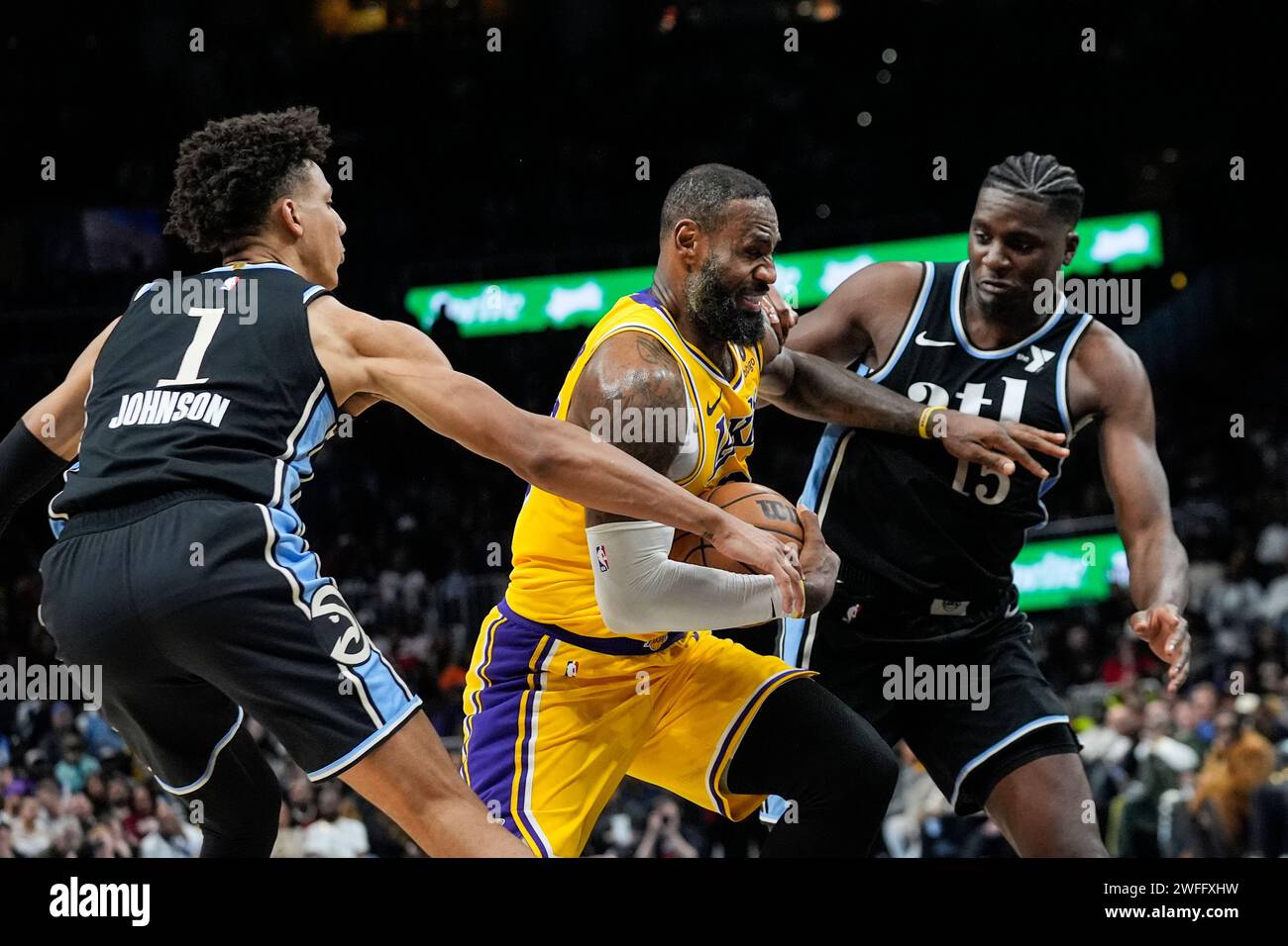 Los Angeles Lakers forward Rui Hachimura (28) drives between Atlanta ...