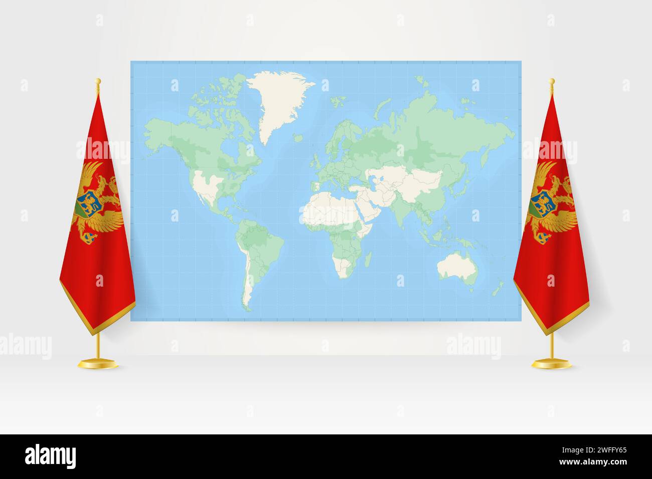 World Map between two hanging flags of Montenegro on flag stand. Vector ...