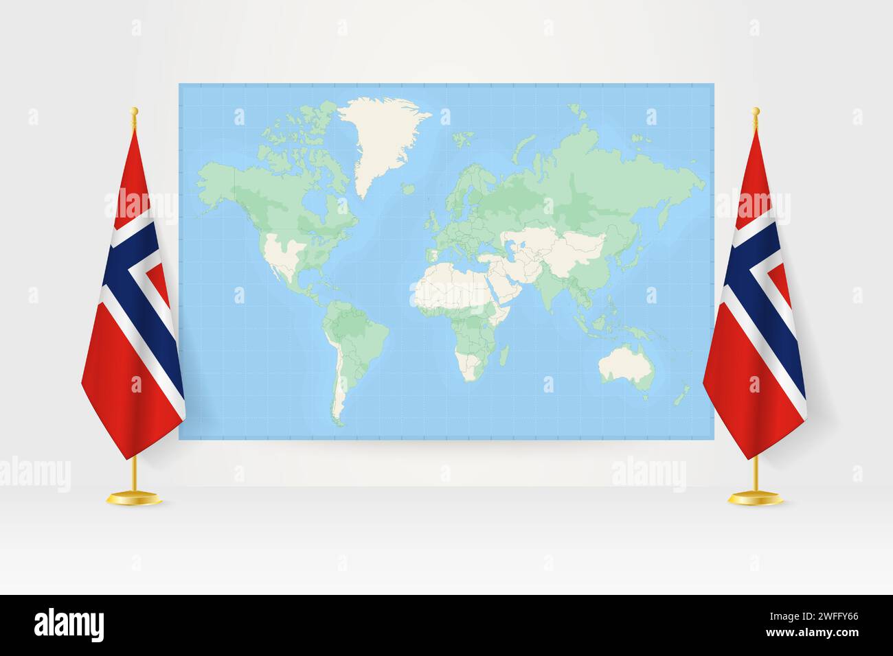World Map between two hanging flags of Norway on flag stand. Vector illustration for diplomacy ...