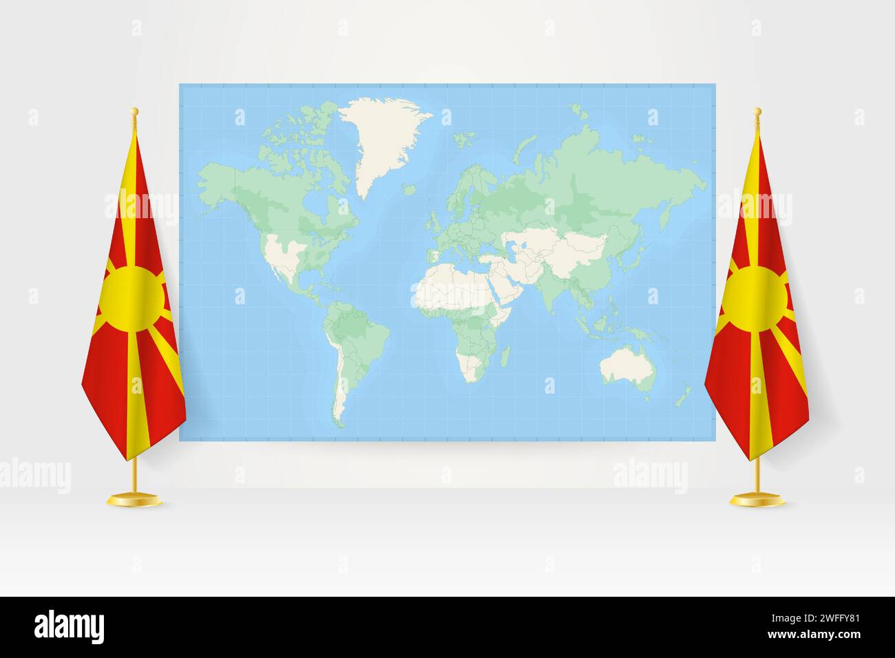 World Map between two hanging flags of North Macedonia on flag stand. Vector illustration for ...