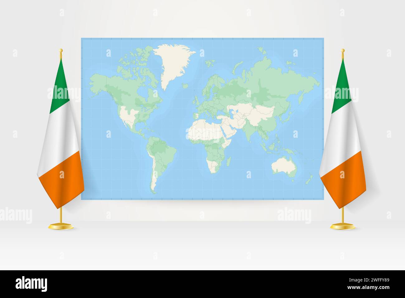 World Map between two hanging flags of Ireland on flag stand. Vector illustration for diplomacy ...