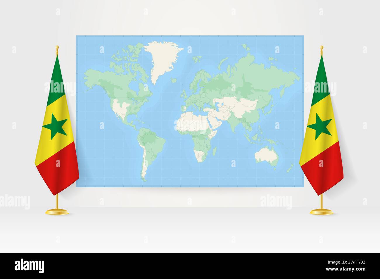 World Map between two hanging flags of Senegal on flag stand. Vector illustration for diplomacy ...