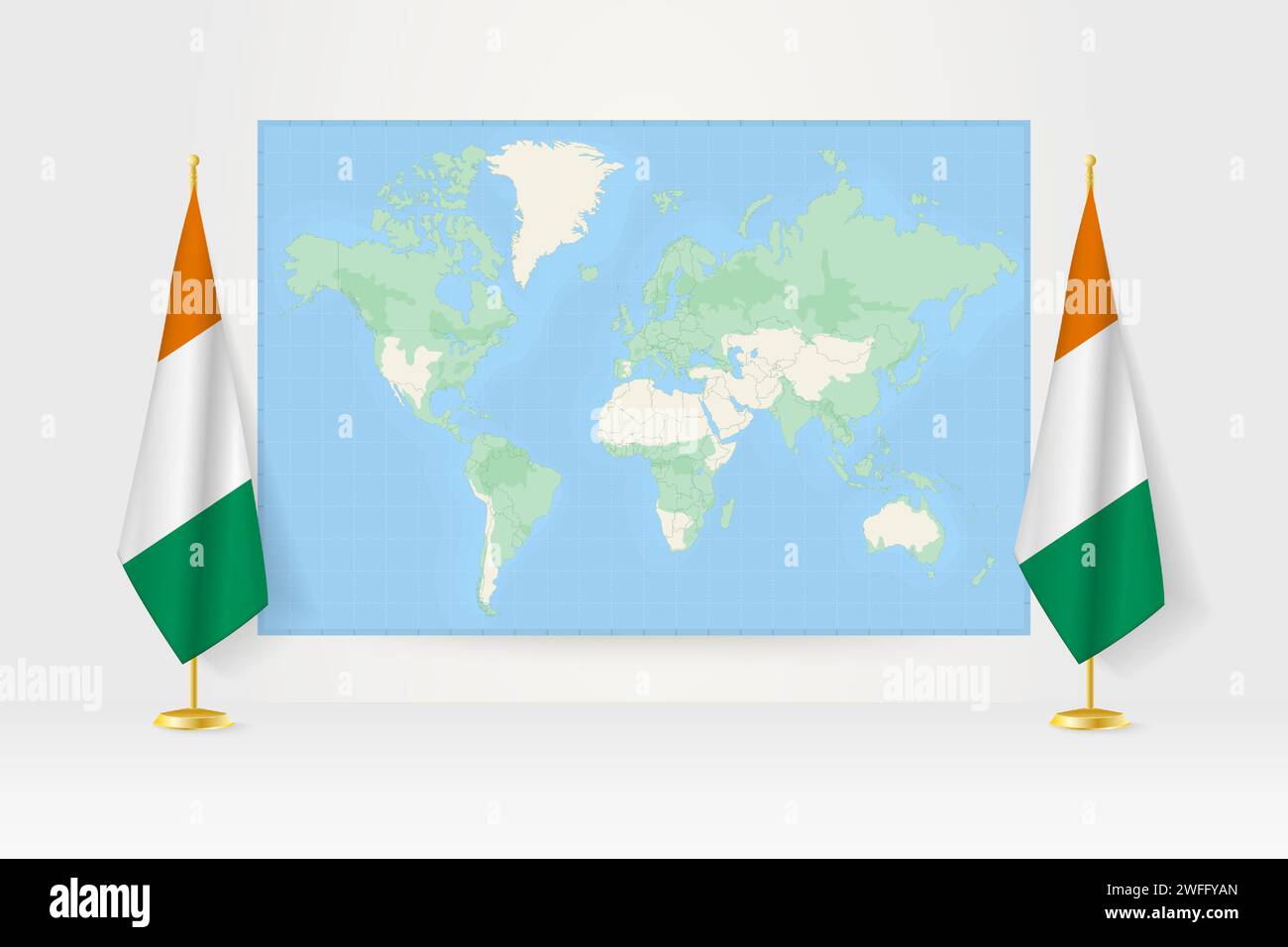 World Map between two hanging flags of Ivory Coast on flag stand. Vector illustration for ...