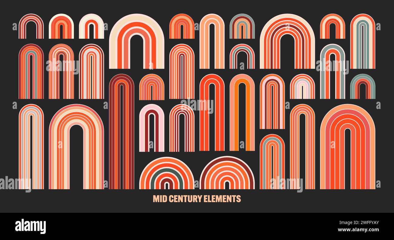 Mid century arch elements, modern geometric shapes, rainbow ...