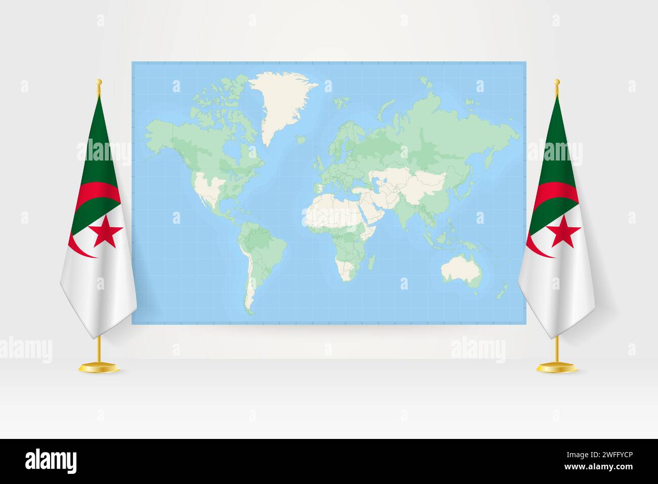 World Map between two hanging flags of Algeria on flag stand. Vector illustration for diplomacy ...
