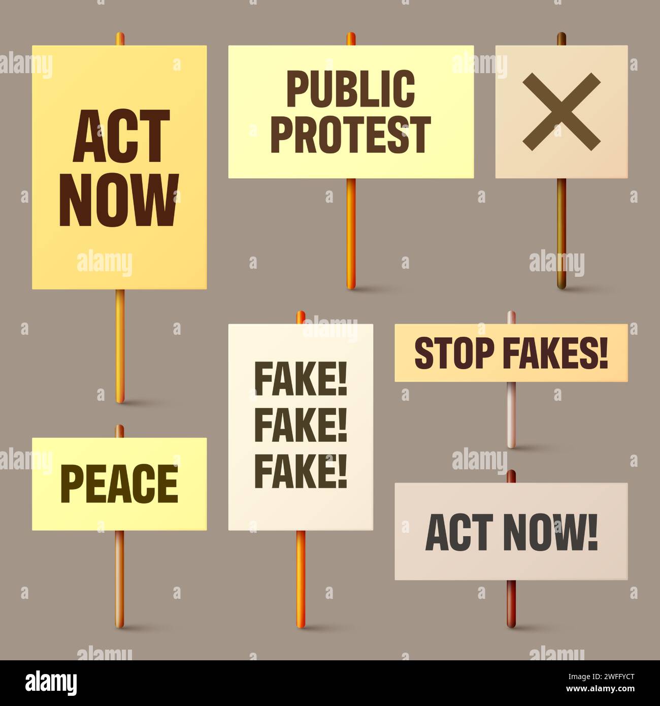 Colorful protest signs with slogan on wooden holder. Realistic vector ...