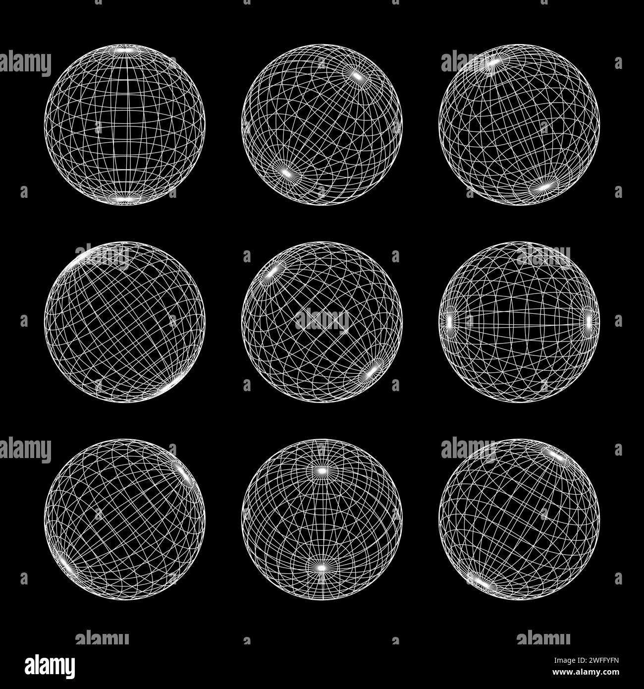 Wireframe shapes, lined sphere. Perspective mesh, 3d grid. Low poly ...
