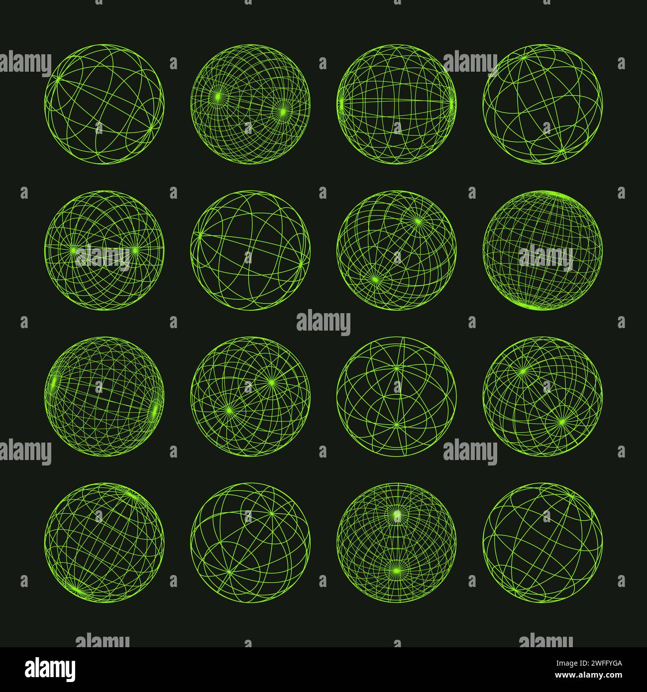 Wireframe shapes, lined sphere. Perspective mesh, 3d grid. Low poly ...