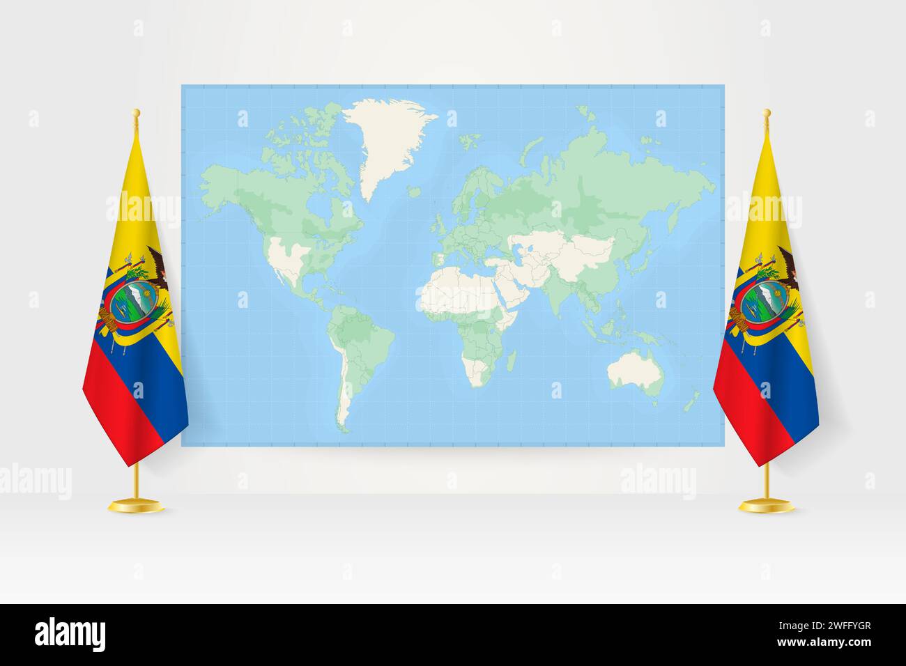 World Map between two hanging flags of Ecuador on flag stand. Vector ...