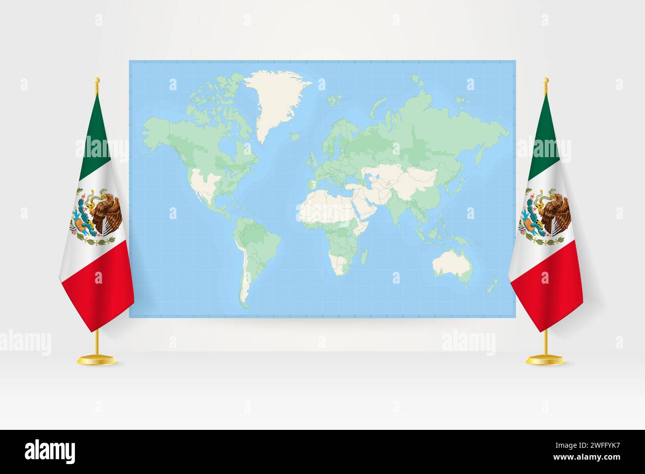 World Map between two hanging flags of Mexico on flag stand. Vector ...