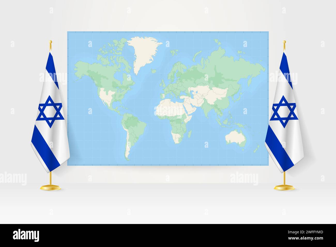 World Map between two hanging flags of Israel on flag stand. Vector ...