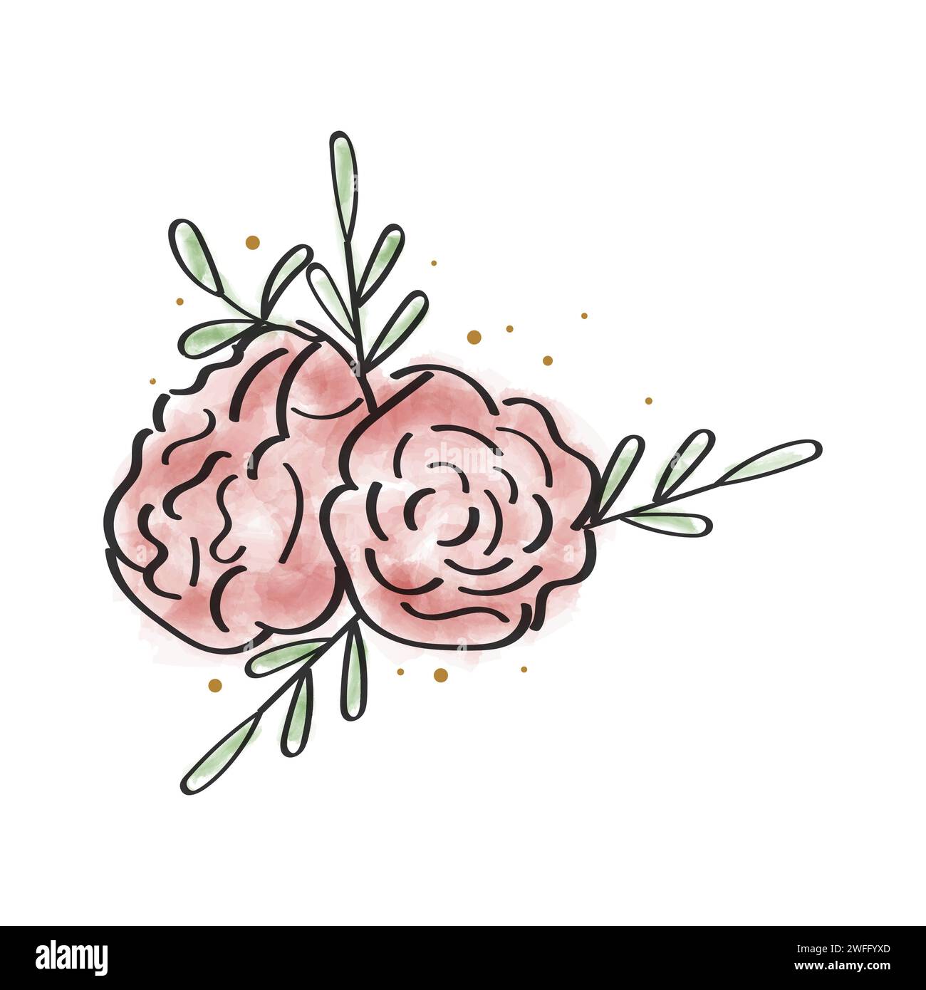 Hand drawn doodle flower composition with leaves. Vector watercolor ...
