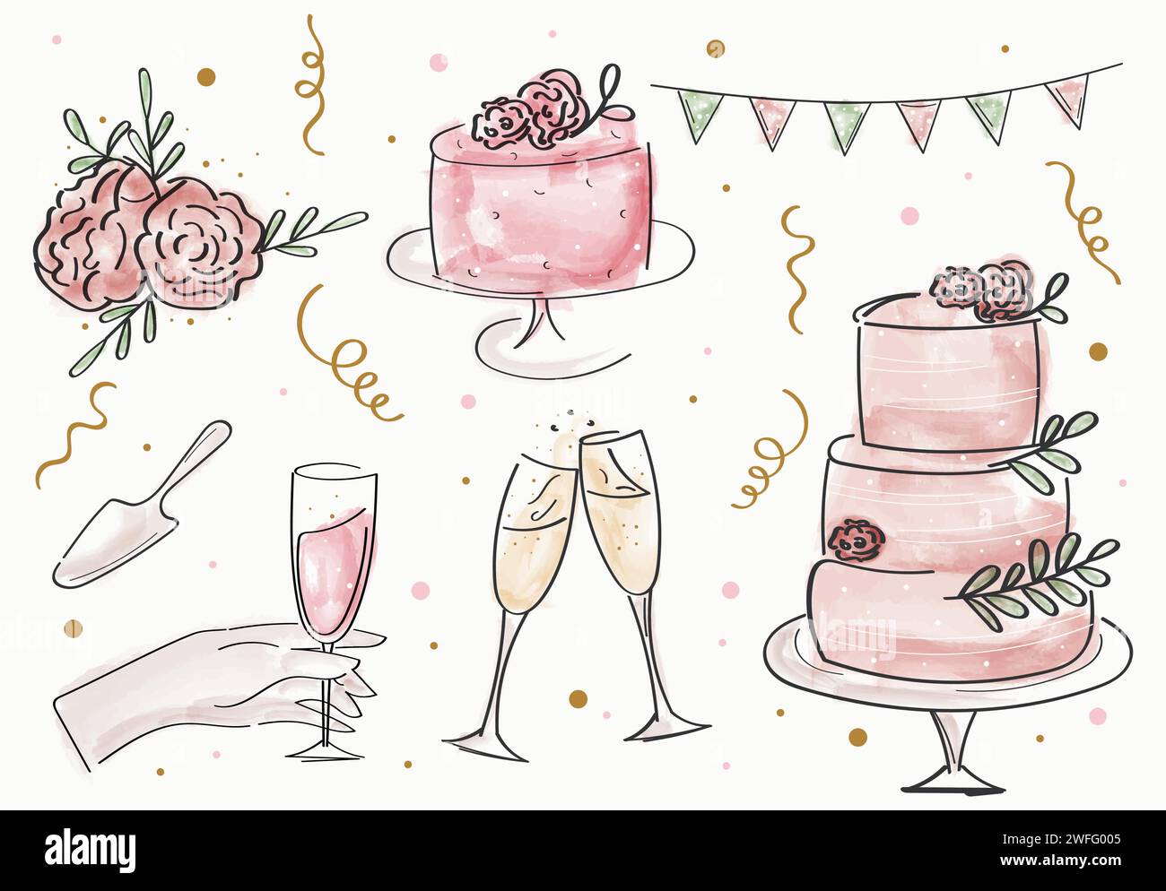 Hand drawn doodle celebration set. Vector watercolor cakes, flowers ...