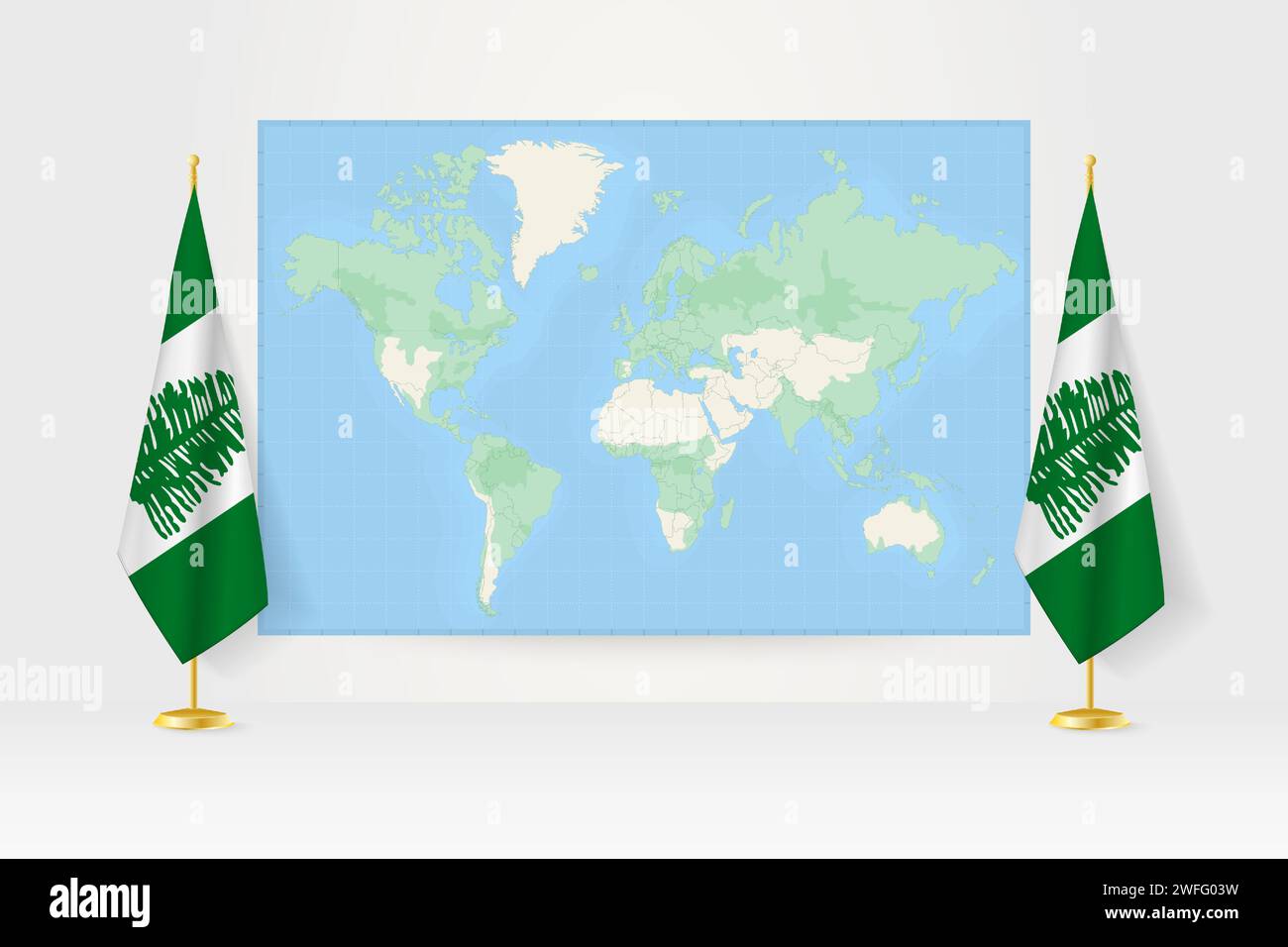 World Map between two hanging flags of Norfolk Island on flag stand. Vector illustration for ...