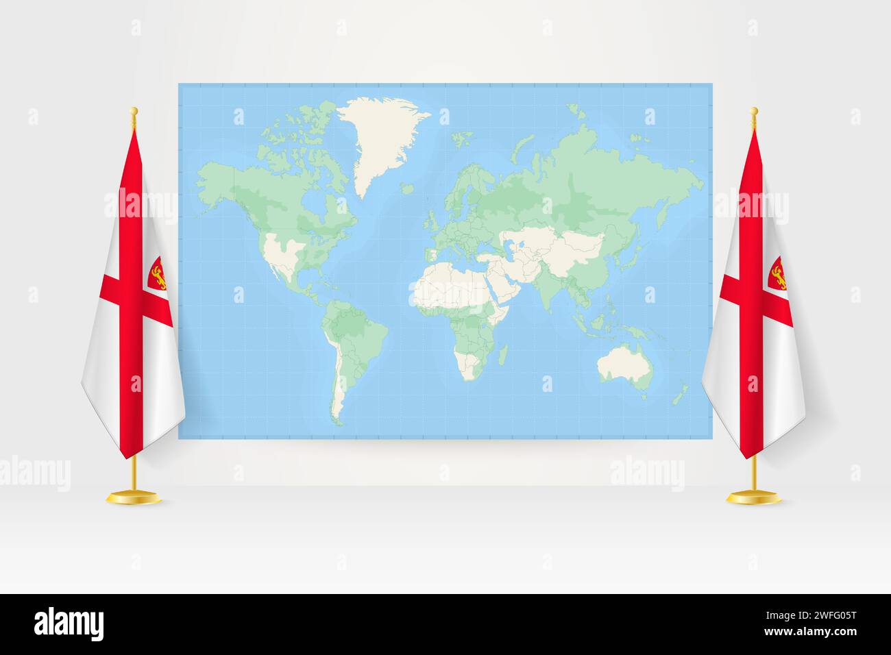 World Map between two hanging flags of Jersey on flag stand. Vector ...
