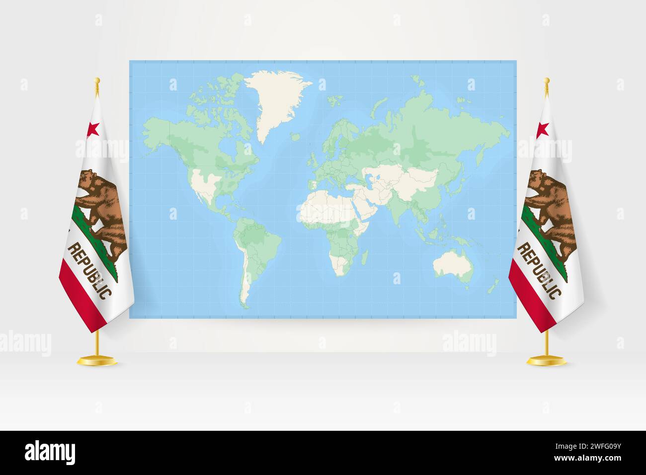 World Map between two hanging flags of California on flag stand. Vector illustration for ...