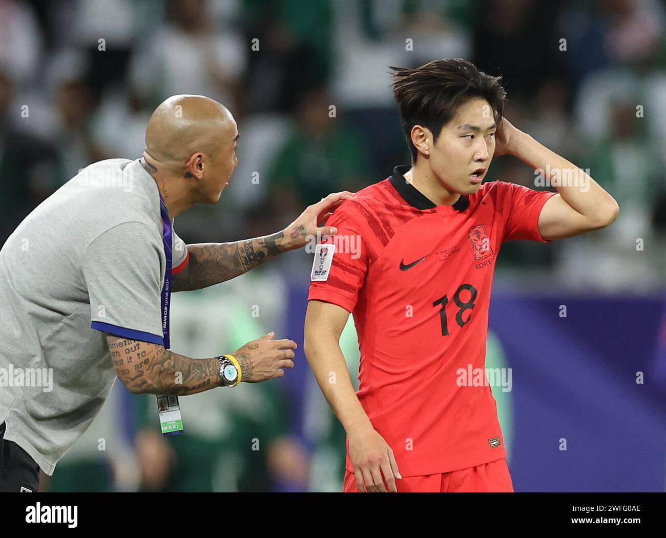 Doha, Qatar. 30th Jan, 2024. South Korea's assistant coach Cha Du-Ri (L ...