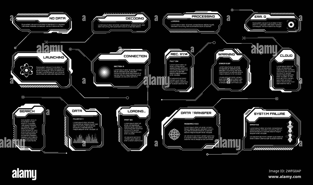 White futuristic HUD, UI elements. Sci-fi user interface text boxes ...