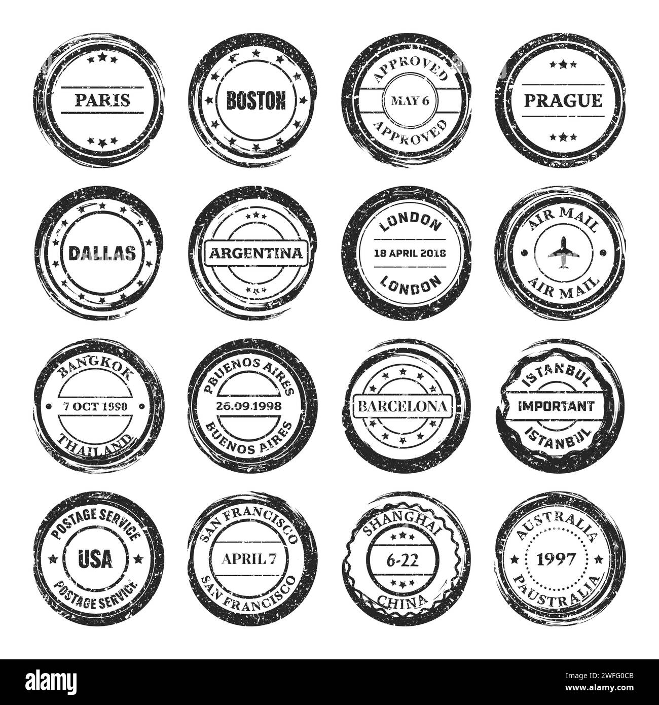 Post stamps, labels and badges. Grunge imprints and postmarks. Vintage ...