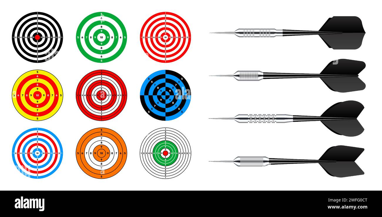 Paper targets with dart arrows. Shooting range round target, divisions ...