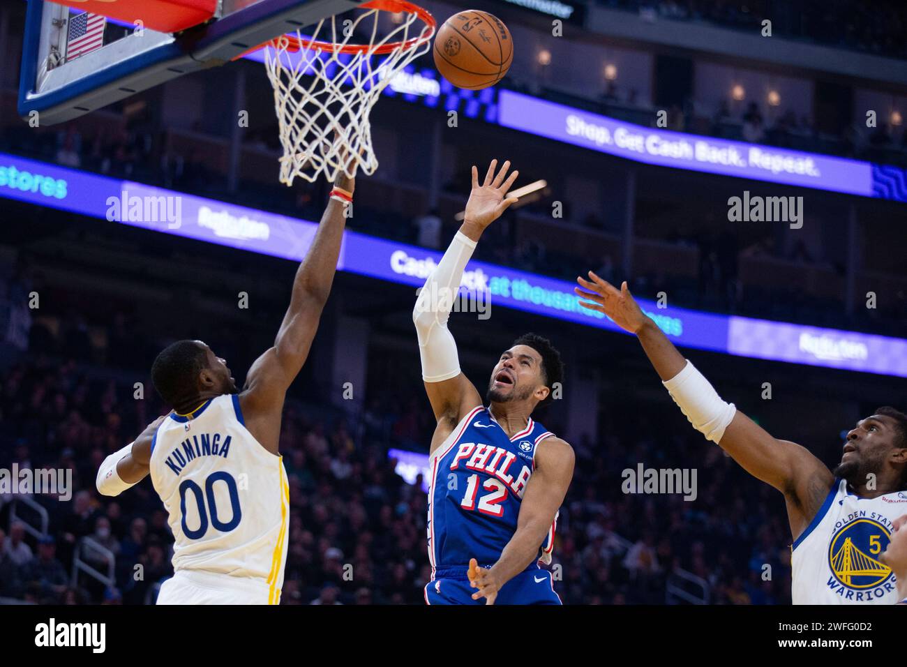 Philadelphia 76ers forward Tobias Harris (12) shoots over Golden State ...