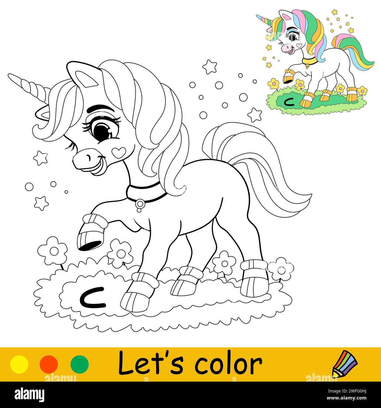 Cartoon cute magic unicorn. Kids coloring book page. Unicorn character ...