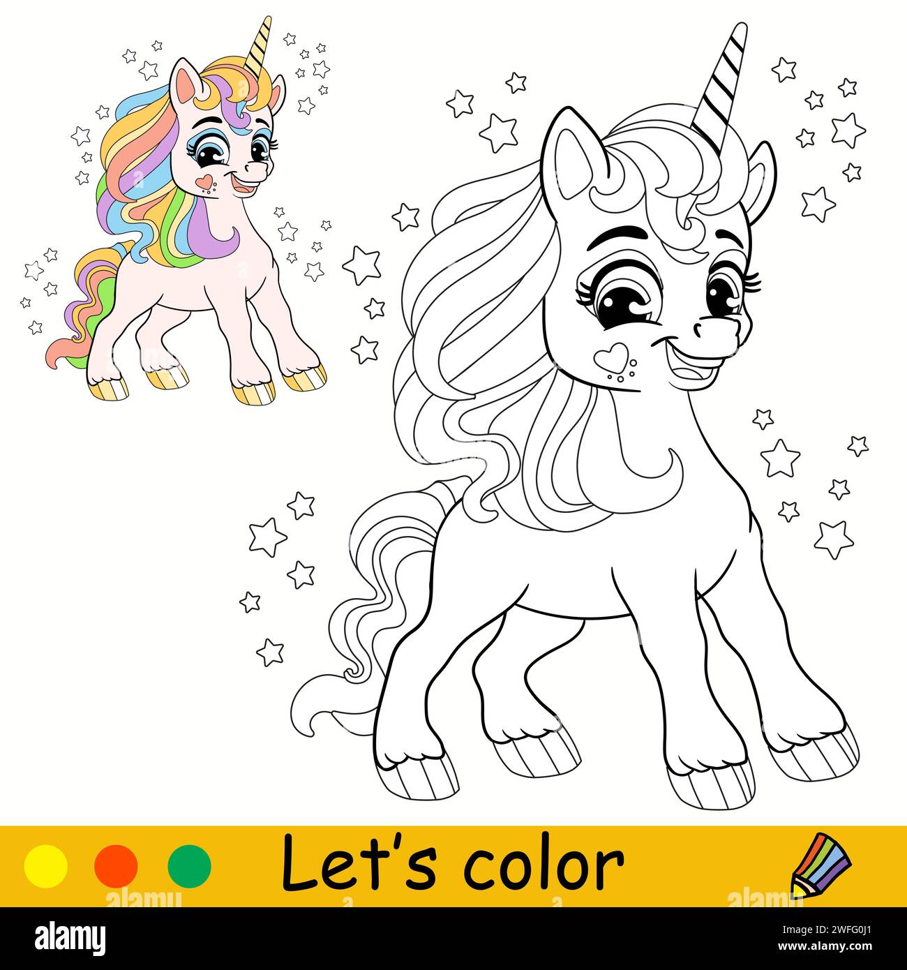 Cartoon cute magic unicorn. Kids coloring book page. Unicorn character ...
