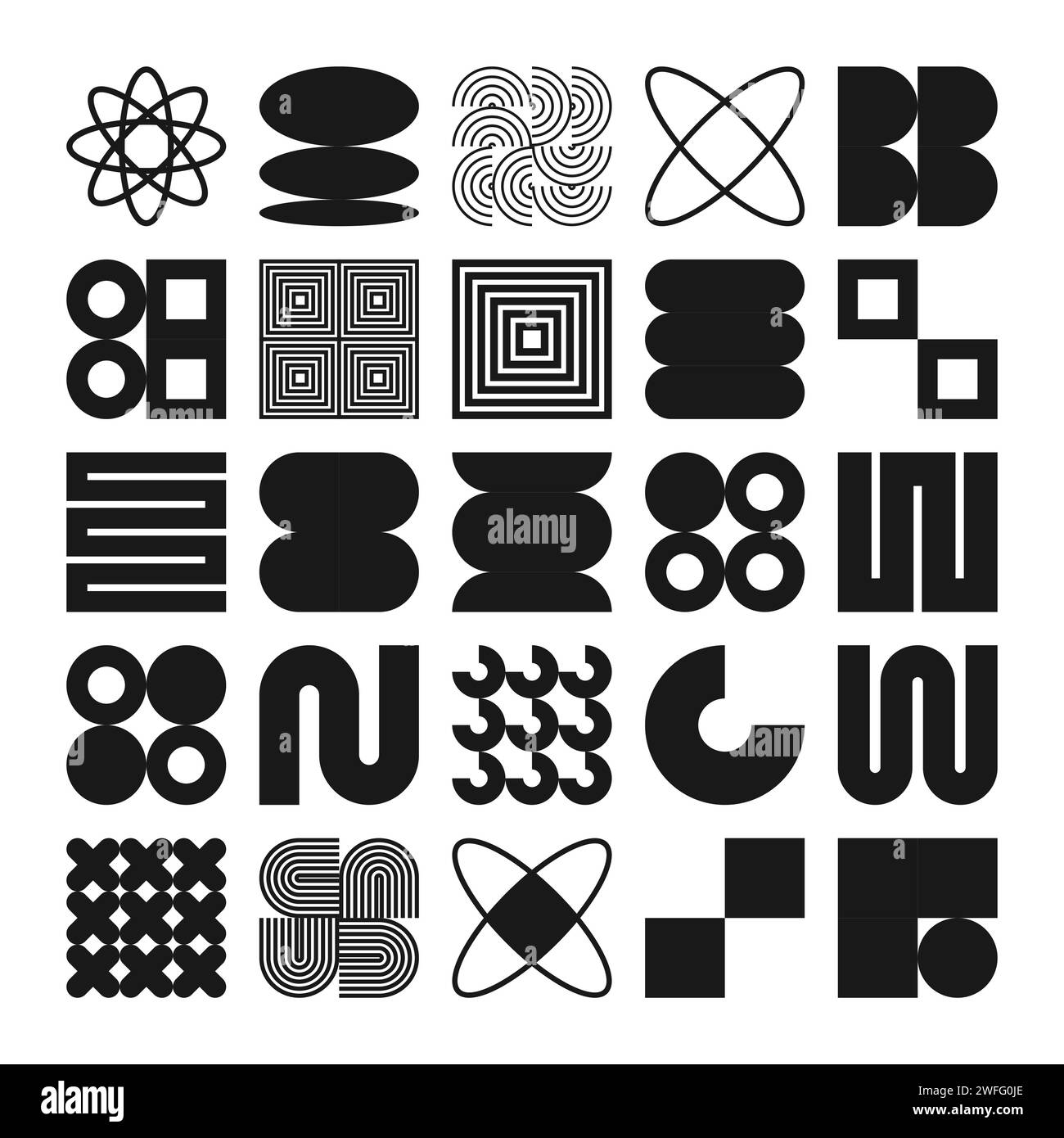 Brutalist geometric shapes, symbols. Simple primitive elements and forms. Bauhaus retro design ...