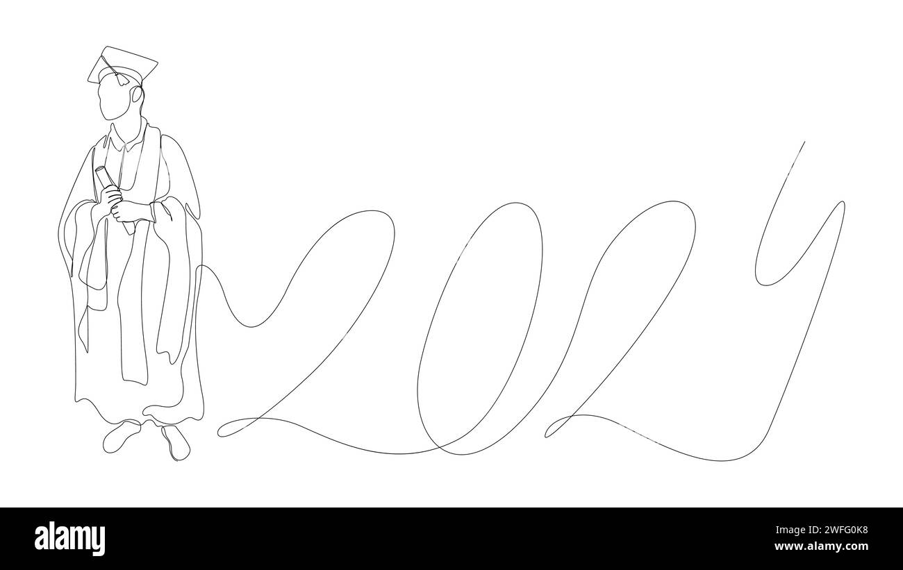 One continuous line of university student graduation with number 2024 ...