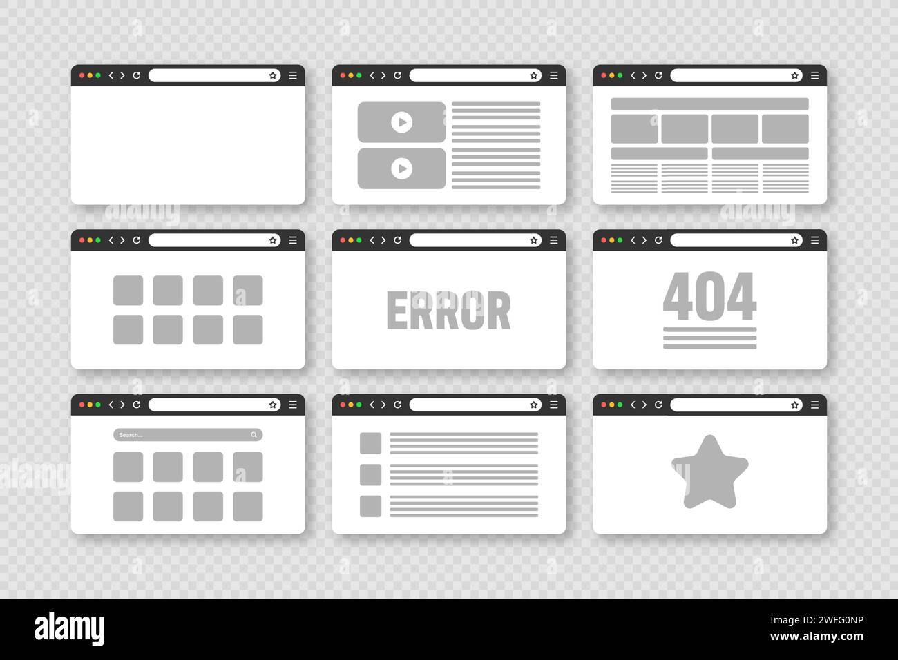 Web browser window, pages layout with toolbar and search field. Modern ...