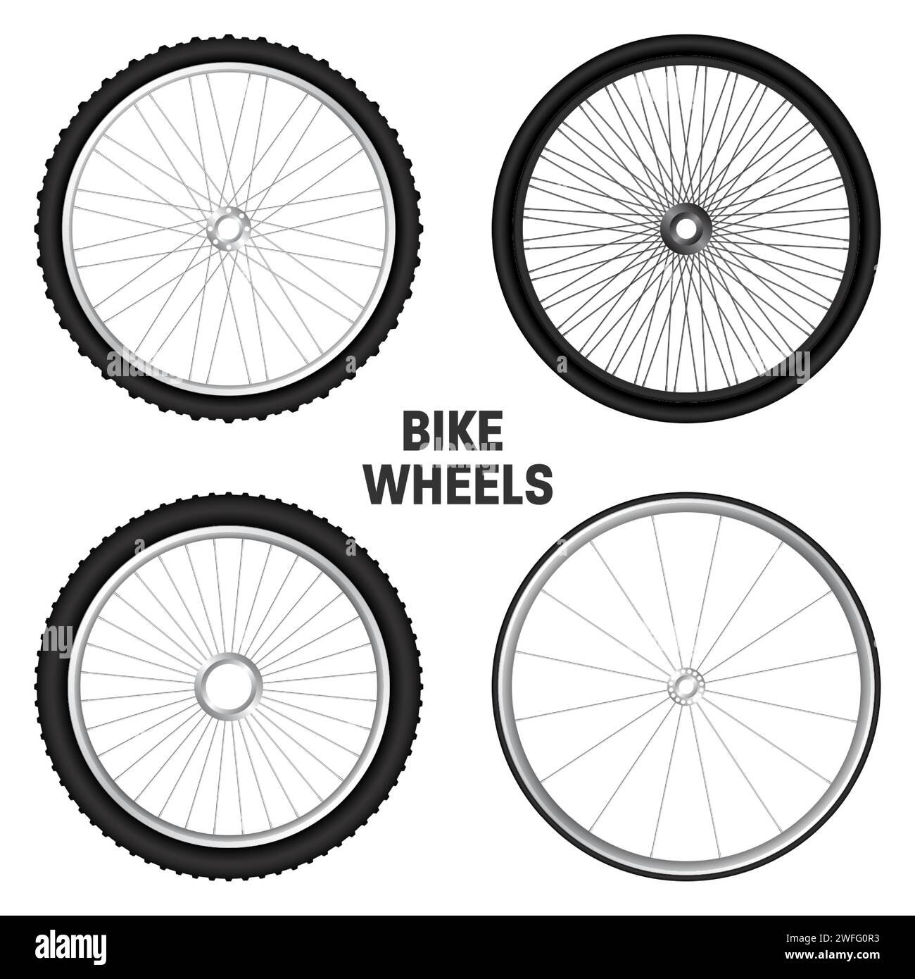 Realistic 3d bicycle wheels. Bike rubber tyres, shiny metal spokes and ...
