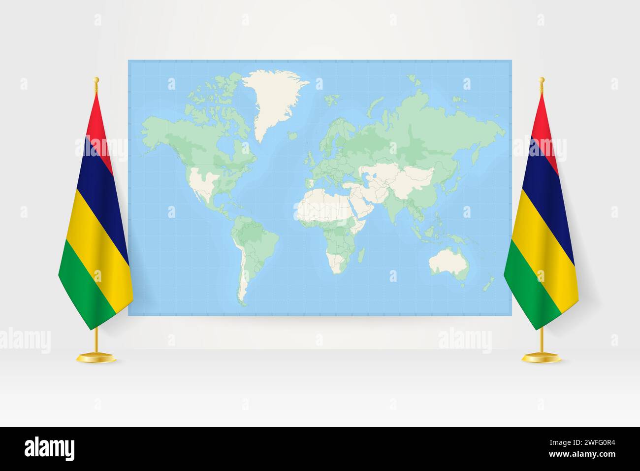 World Map between two hanging flags of Mauritius on flag stand. Vector illustration for ...