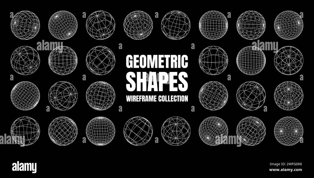 Wireframe shapes, lined sphere. Perspective mesh, 3d grid. Low poly ...