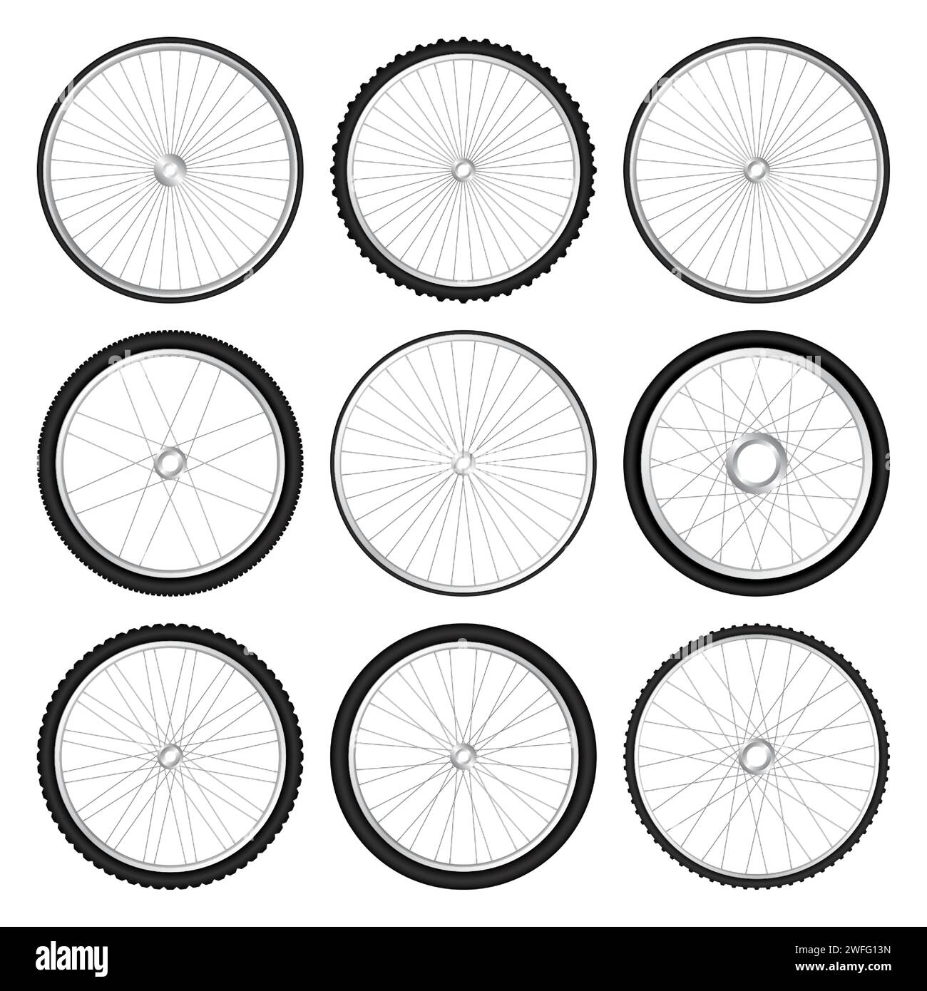 Realistic 3d bicycle wheels. Bike rubber tyres, shiny metal spokes and ...