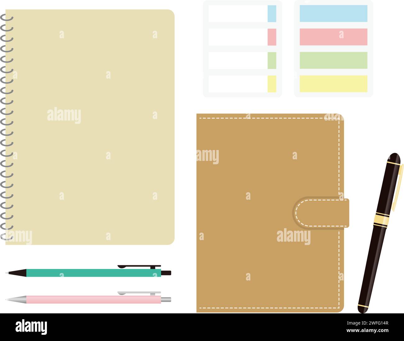 Set of memo pad, notebook, sticky notes, fountain pen and ballpoint pen ...