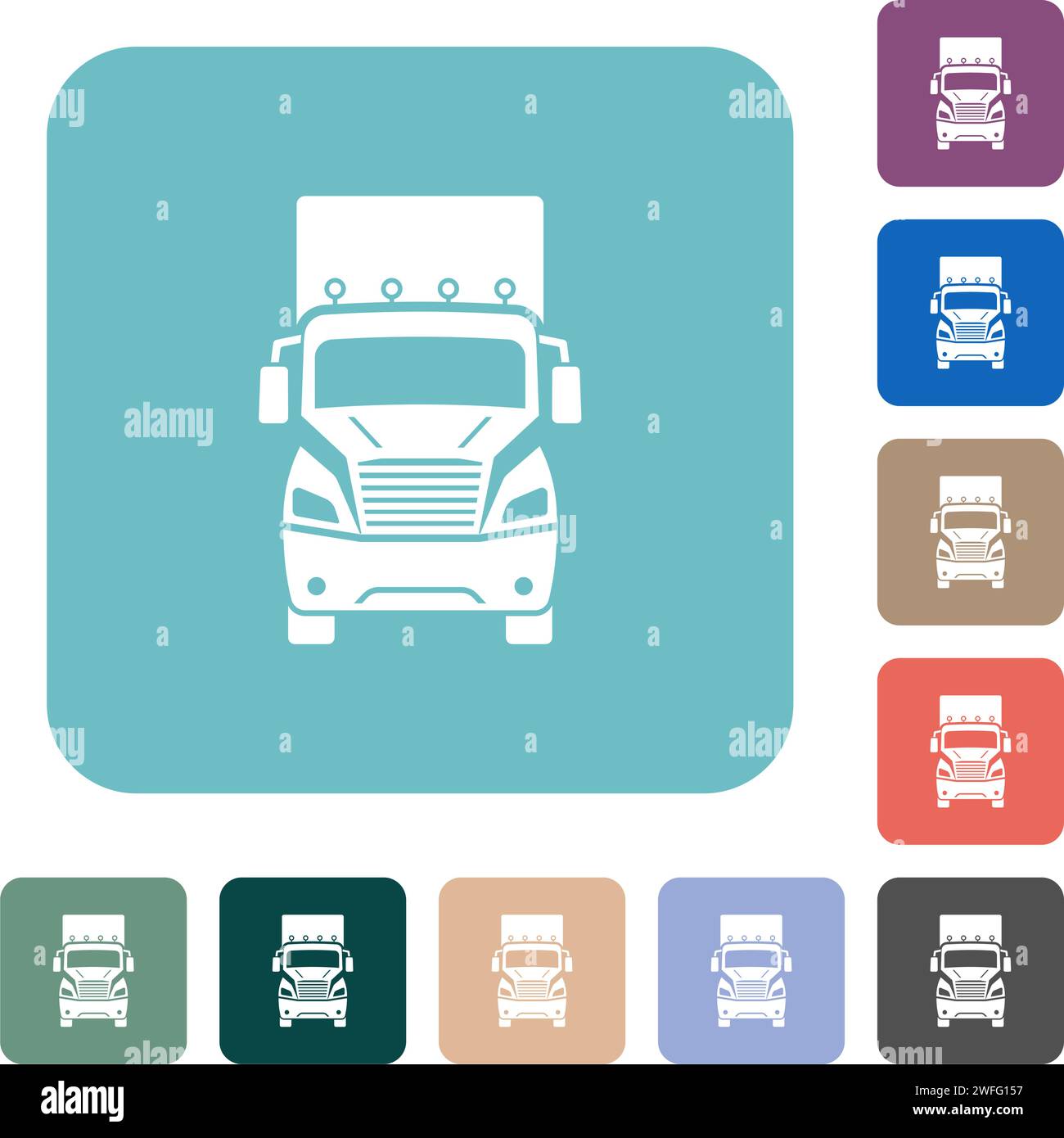 Truck front view white flat icons on color rounded square backgrounds ...