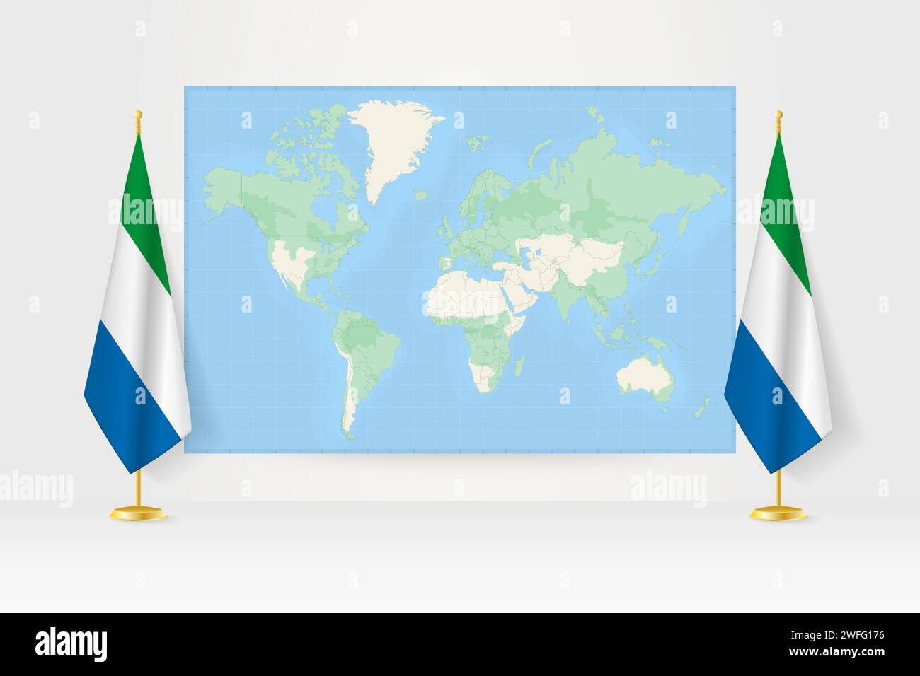 World Map between two hanging flags of Sierra Leone on flag stand ...