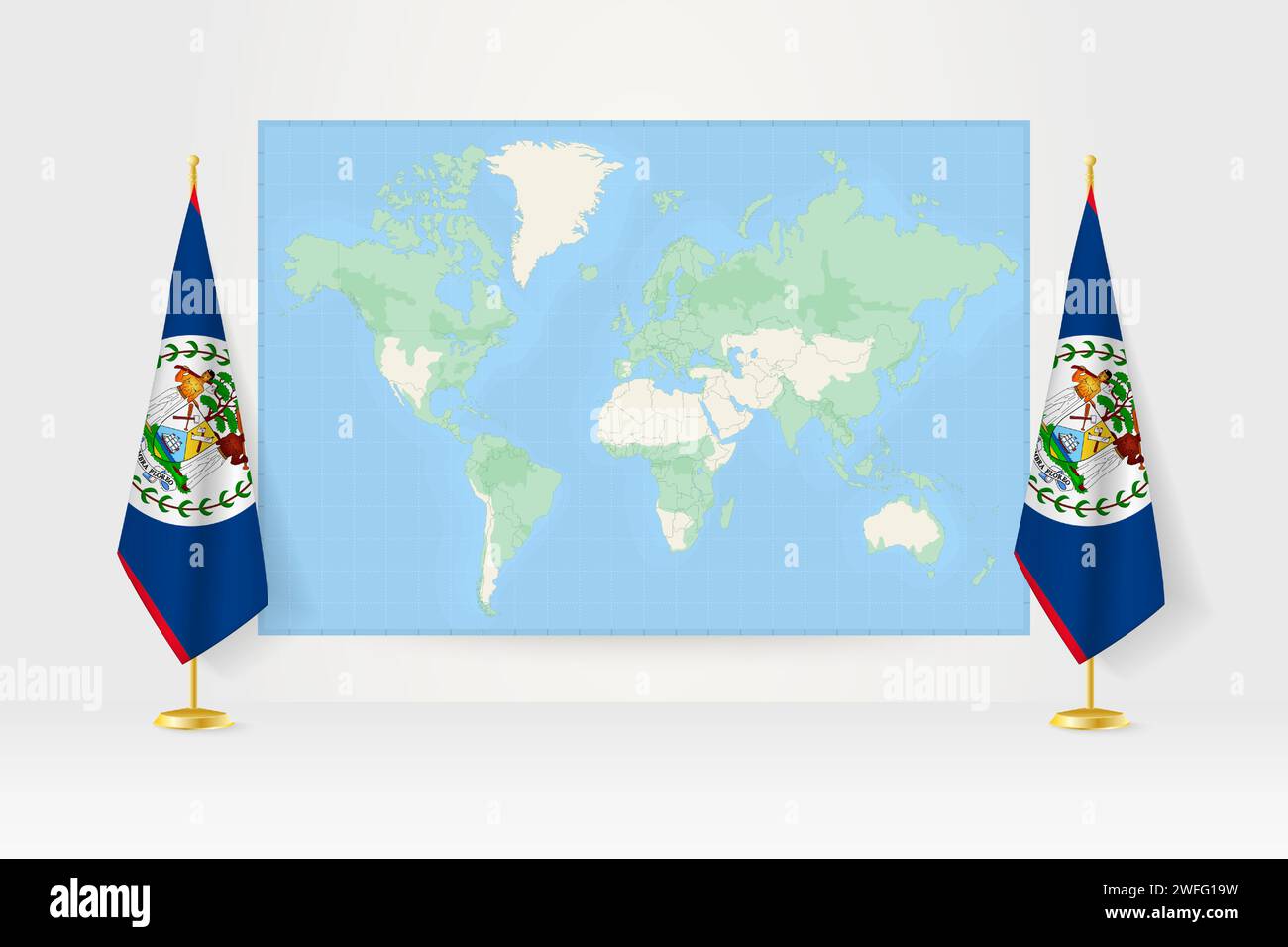 World Map between two hanging flags of Belize on flag stand. Vector ...