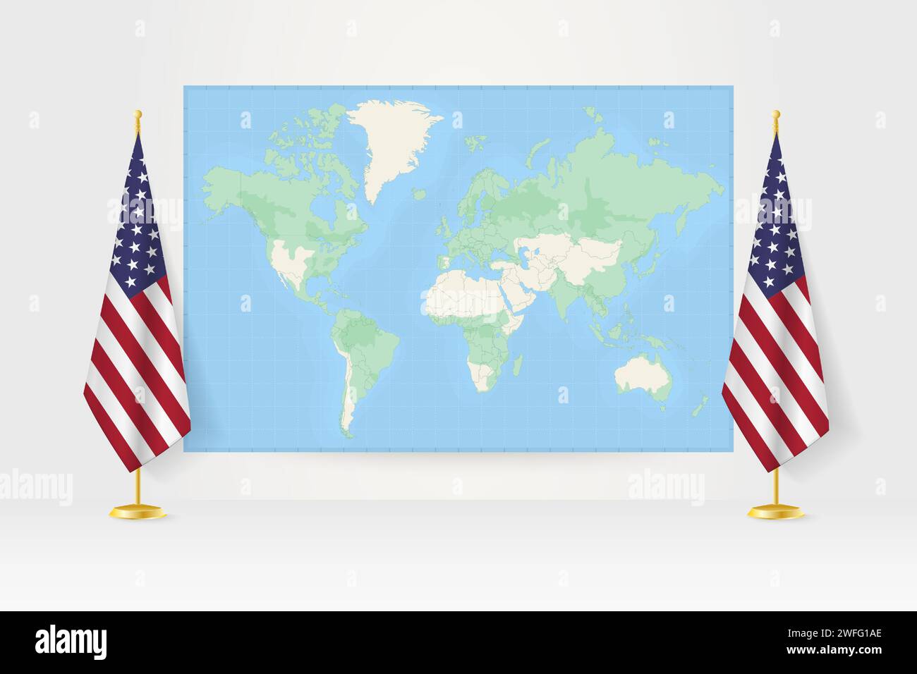 World Map between two hanging flags of USA on flag stand. Vector ...