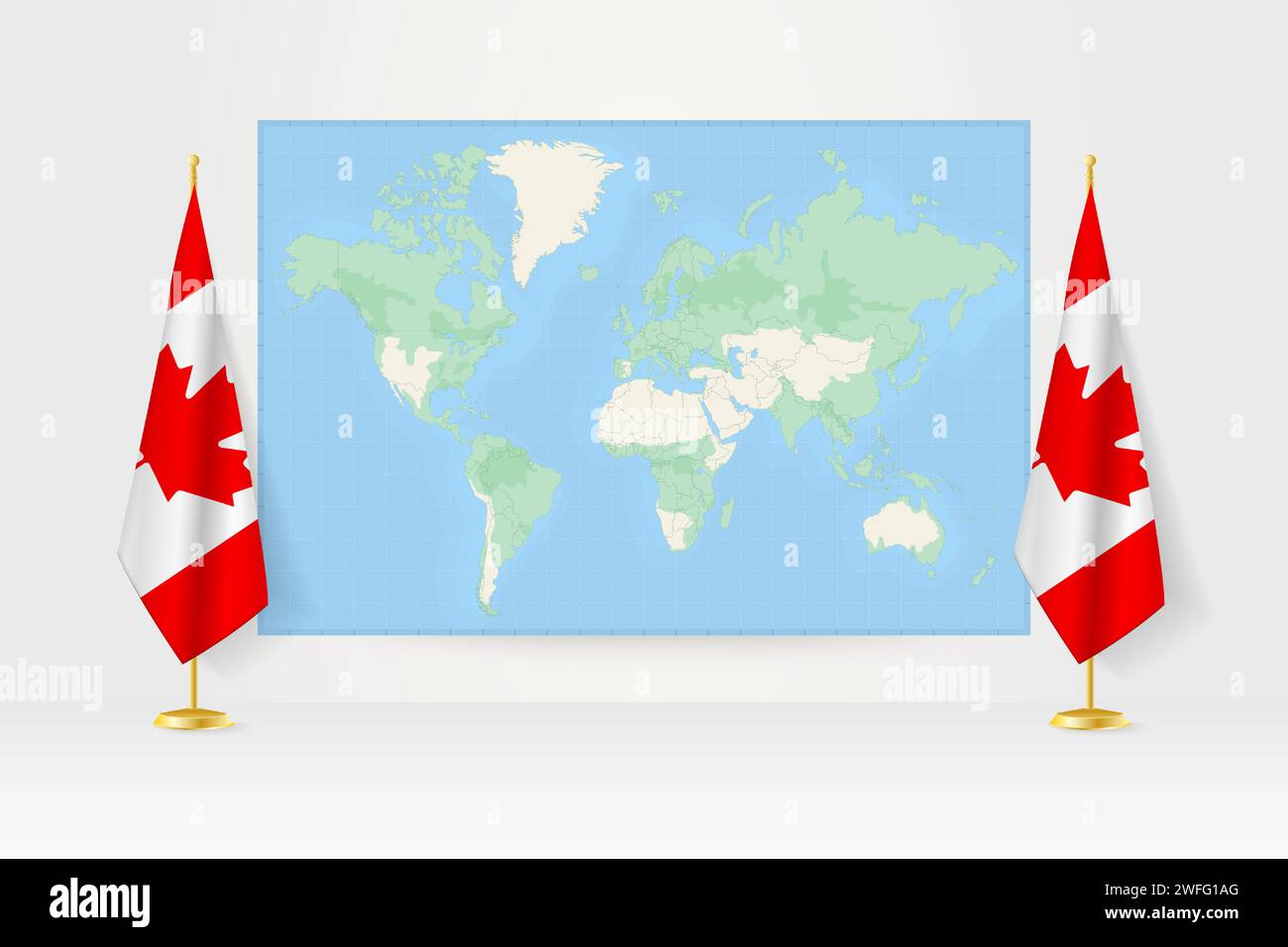 World Map between two hanging flags of Canada on flag stand. Vector ...