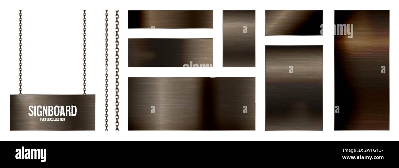 Metal banners hanging on a chain. Realistic shiny steel plate with ...