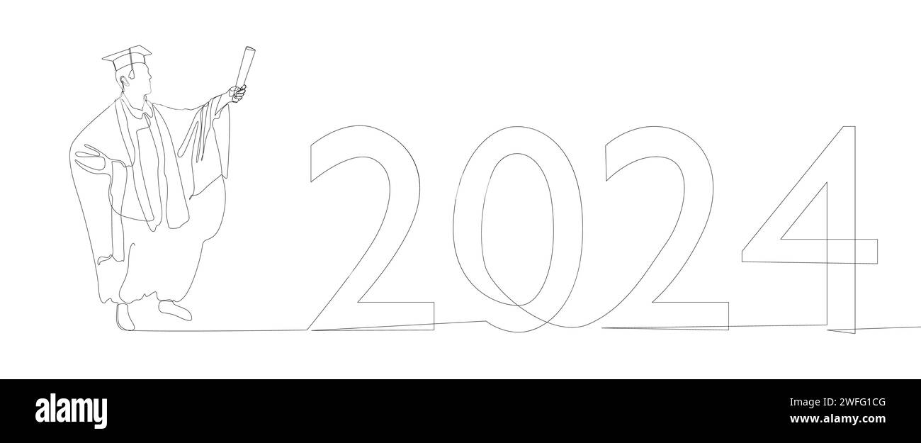 One continuous line of university student graduation with number 2024 ...