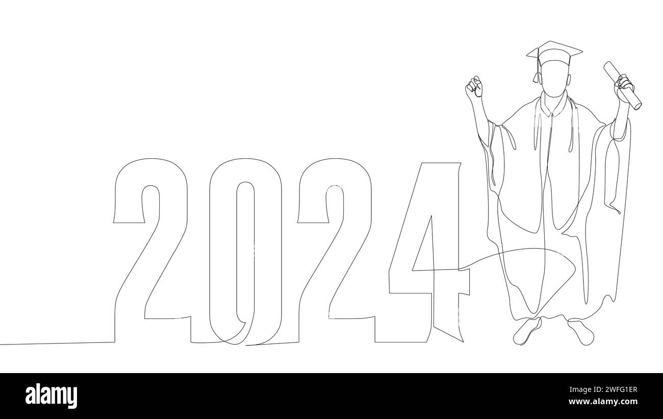 One continuous line of university student graduation with number 2024 ...