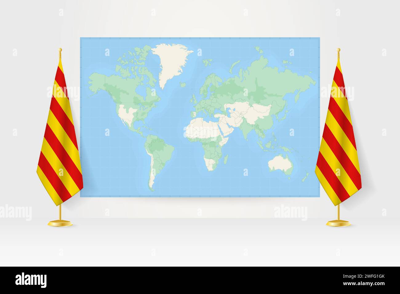 World Map between two hanging flags of Catalonia on flag stand. Vector illustration for ...
