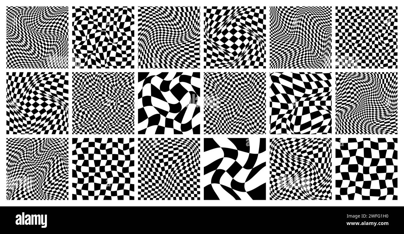 Trendy checkered pattern, black and white distorted tiled grid. Wavy curved backdrop, distortion ...