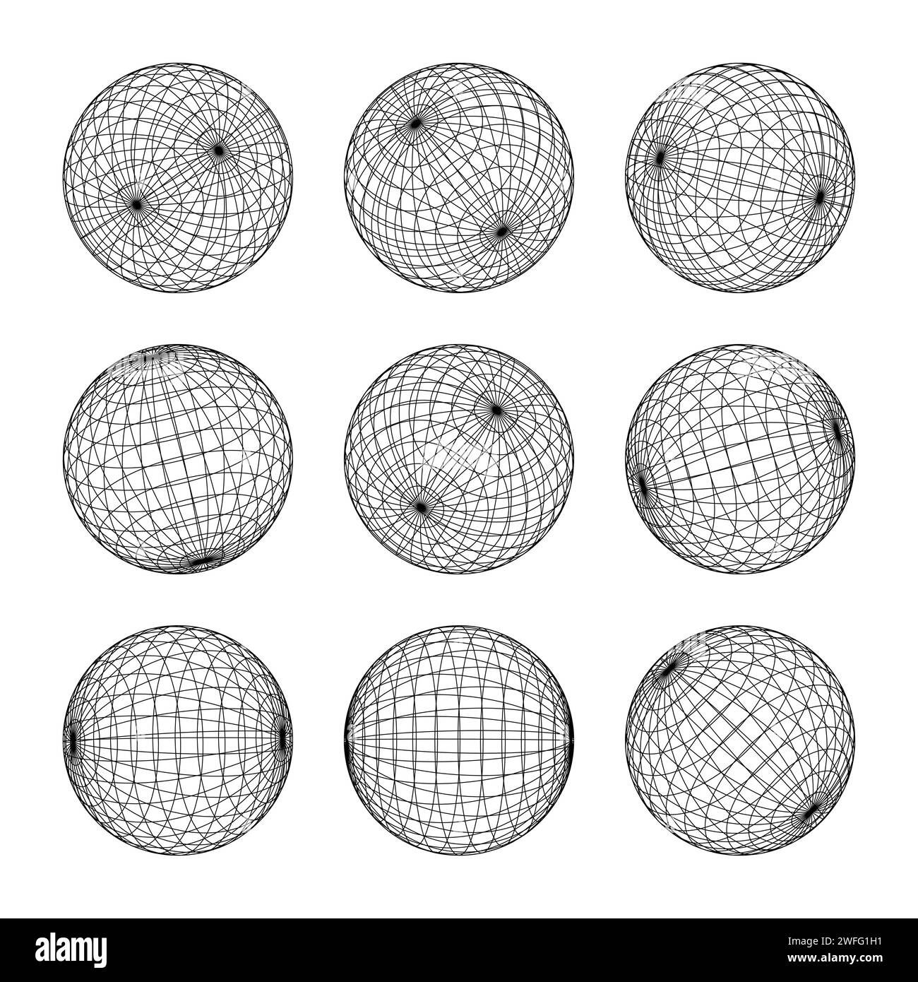 Wireframe shapes, lined sphere. Perspective mesh, 3d grid. Low poly ...