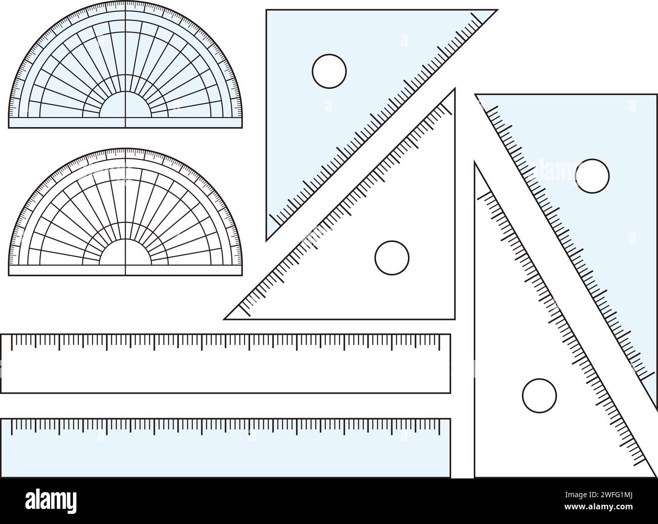 Protractor and triangular ruler set. transparent and light blue ruler. Simple illustration in ...
