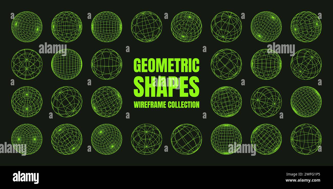 Wireframe shapes, lined sphere. Perspective mesh, 3d grid. Low poly ...